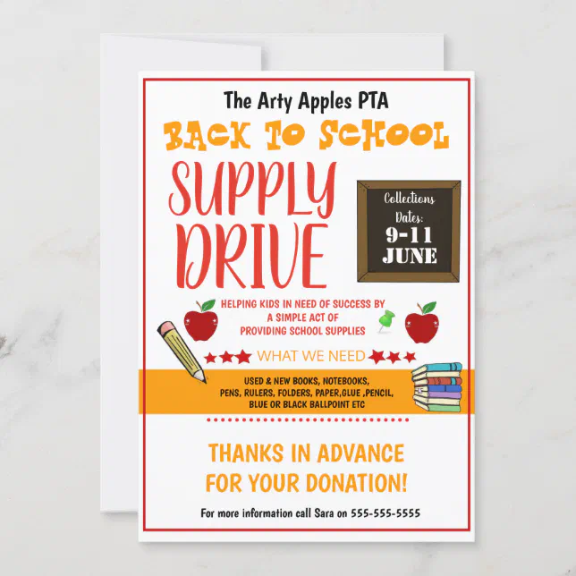 back to school supply drive fundraiser FLYER Invitation | Zazzle