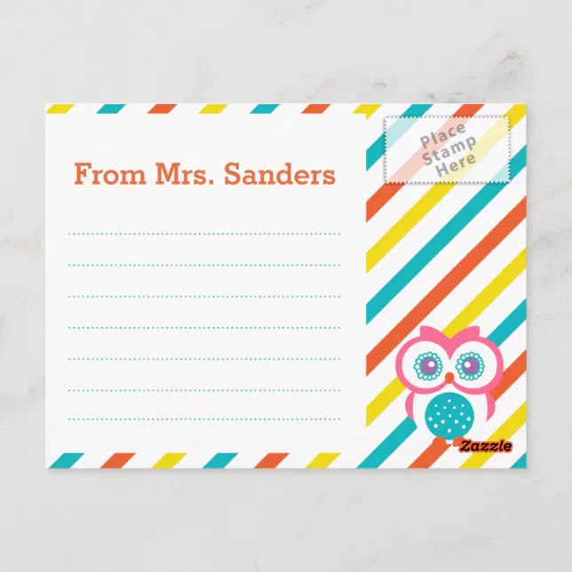Back to School Teacher's Postcard - Owl Theme | Zazzle
