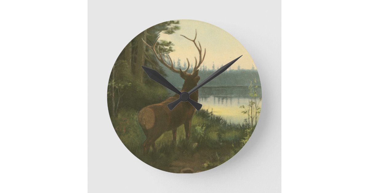 Back view of Elk Looking over a Lake Round Clock | Zazzle