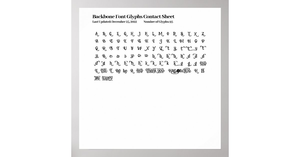 Backbone Font Glyphs Contact Sheet Poster | Zazzle