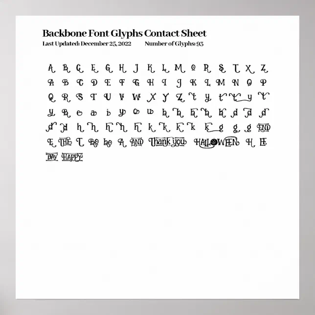 Backbone Font Glyphs Contact Sheet Poster | Zazzle