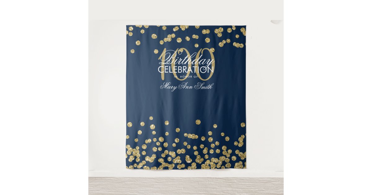 Backdrop 100th Birthday Gold Navy Blue Confetti | Zazzle