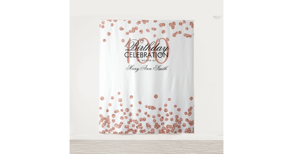 Backdrop 100th Birthday Rose Gold White Confetti | Zazzle