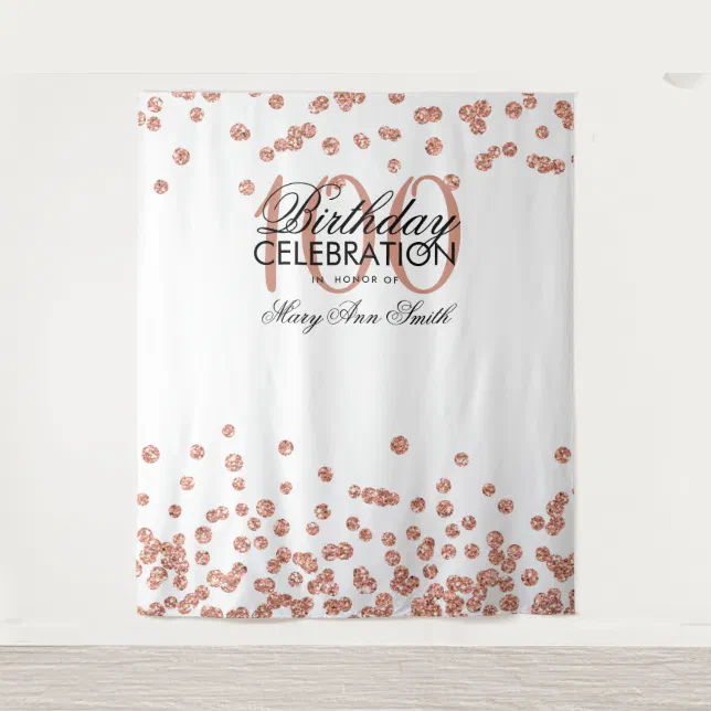 Backdrop 100th Birthday Rose Gold White Confetti | Zazzle