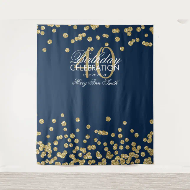 Backdrop 40th Birthday Gold Navy Blue Confetti | Zazzle