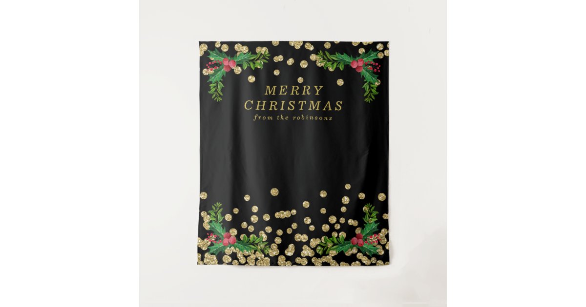 Backdrop Gold Black Merry Christmas Holly Glitter | Zazzle