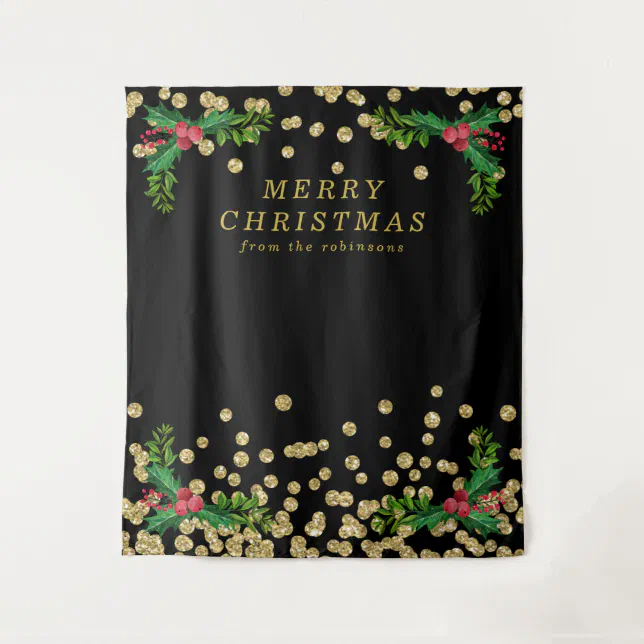 Backdrop Gold Black Merry Christmas Holly Glitter | Zazzle