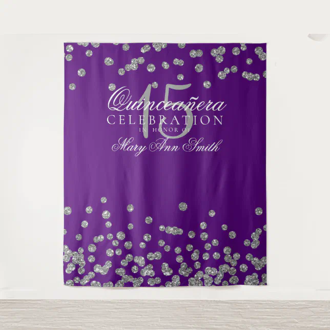 Backdrop Quinceanera Party Silver Purple Confetti | Zazzle