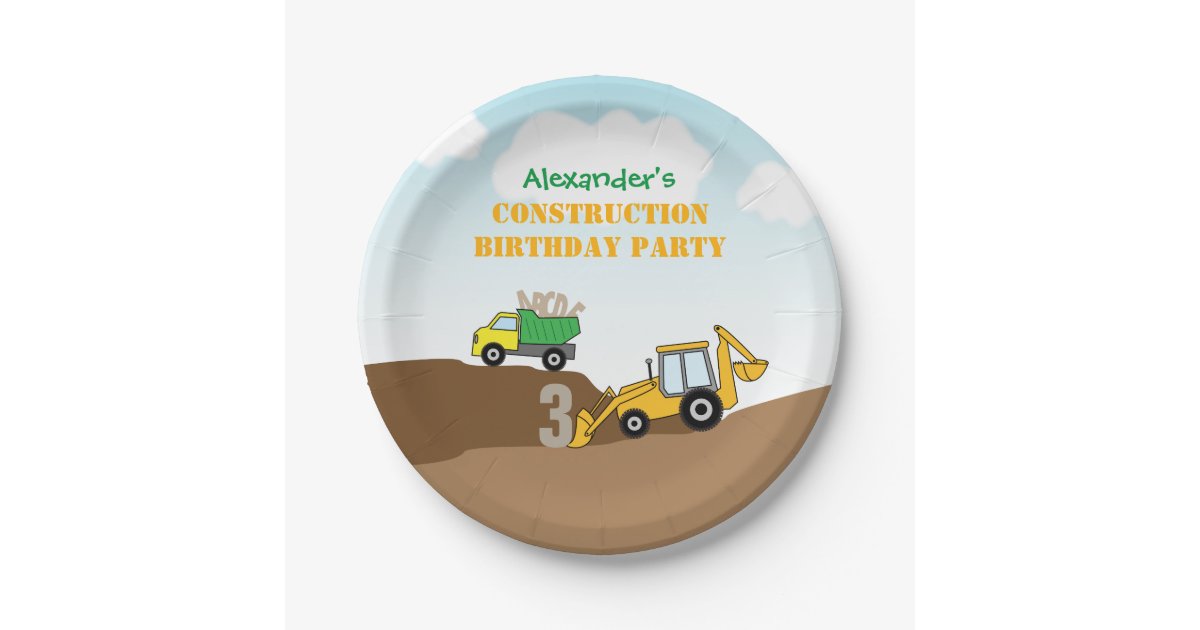 Backhoe and Dump Truck Boy's Birthday Party Paper Plates | Zazzle