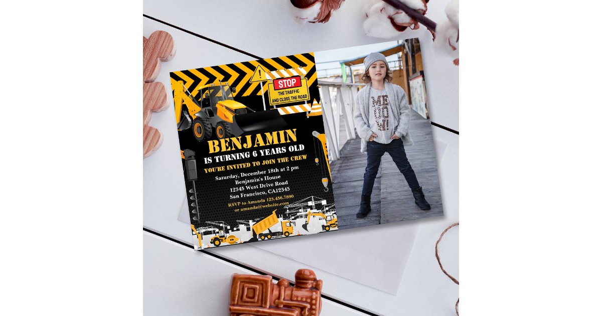 Backhoe Construction Birthday Party Photo Invitation | Zazzle