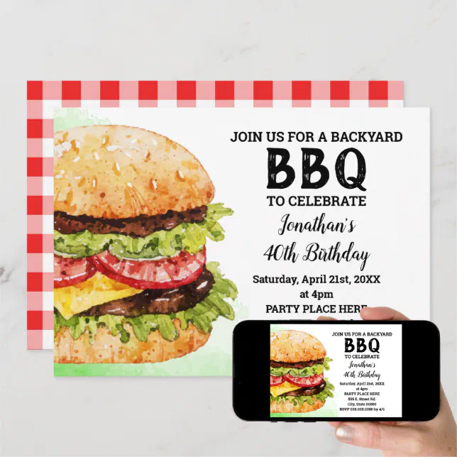 Backyard BBQ birthday watercolor burgers party Invitation | Zazzle