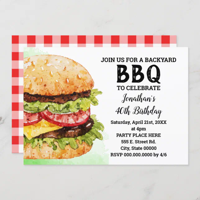 Backyard BBQ birthday watercolor burgers party Invitation | Zazzle