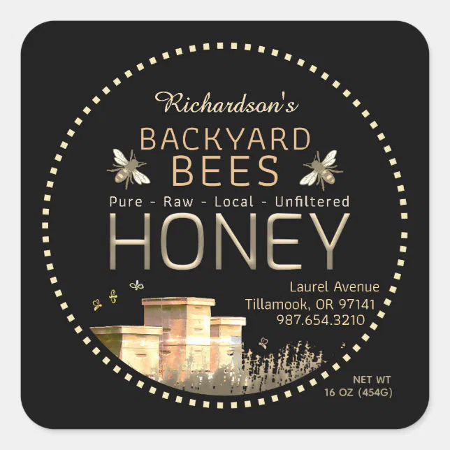 Backyard Bees Hives and Little Bees on Black Squar Square Sticker | Zazzle