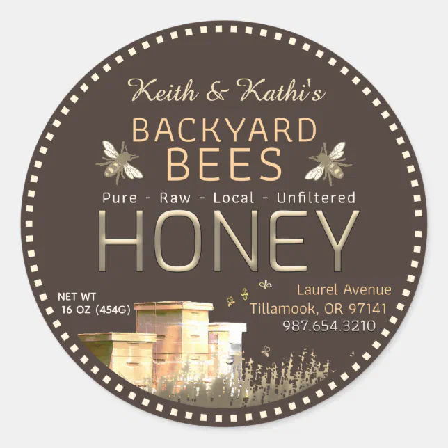 Backyard Bees Hives and Little Bees on Dark Brown Classic Round Sticker ...