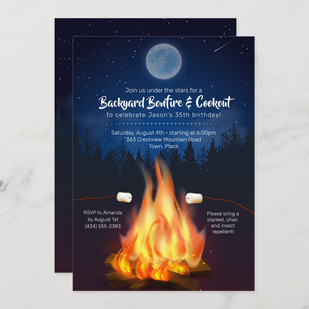 Backyard Bonfire Cookout Birthday BBQ Party Invitation | Zazzle
