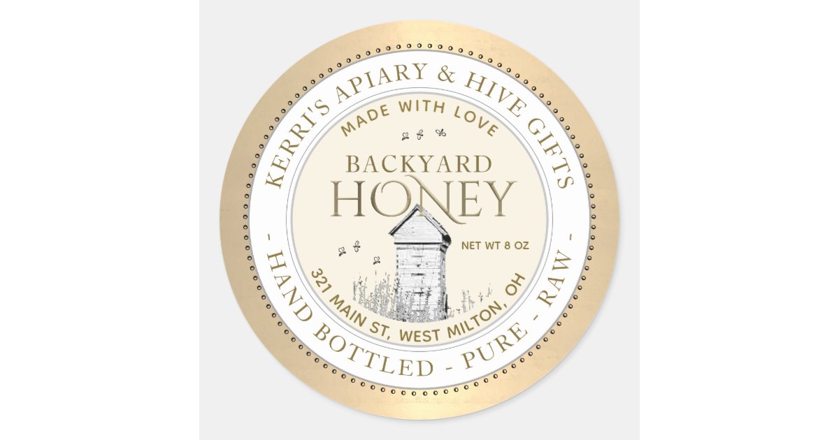 Backyard Hives Honey Made with Love by Bees Gold Classic Round Sticker ...