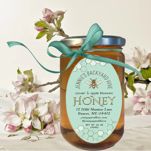 Backyard Honey Bee with Honeycomb Teal Oval Sticker | Zazzle