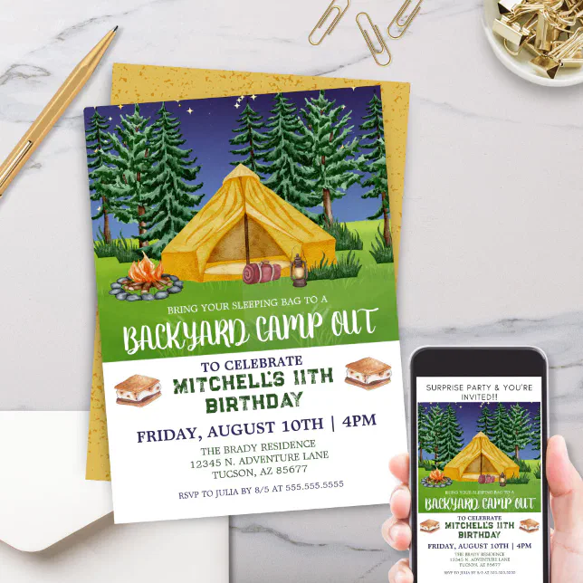Backyard Outdoor Smores Camp Out Birthday Invitation | Zazzle