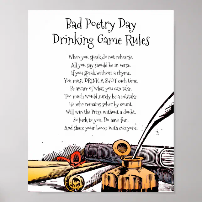 Bad Poetry Day Funny Drinking Game Rules Poem Poster | Zazzle