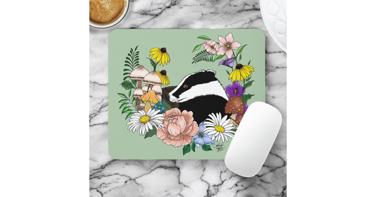 Badger Wild Flowers Mushrooms Green Mouse Pad | Zazzle