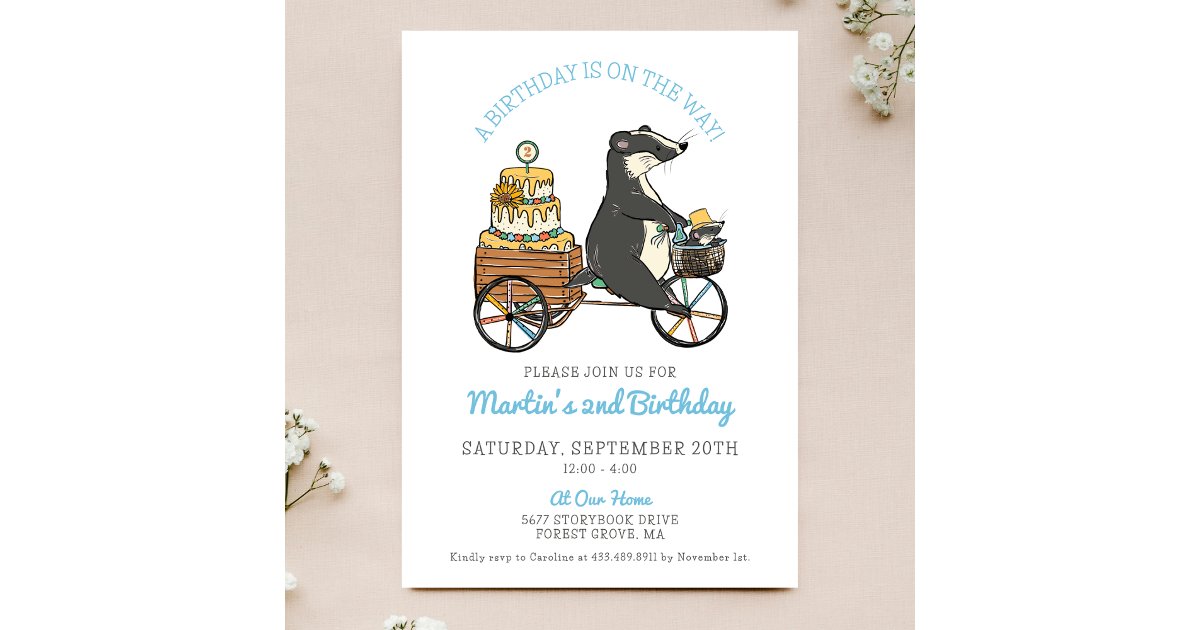 Badgers on Bike with Cake 2nd Birthday Party Invitation | Zazzle