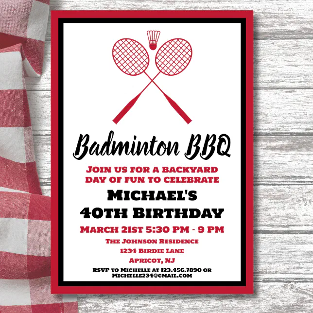 Badminton BBQ Party Sports Birthday Invitation | Zazzle