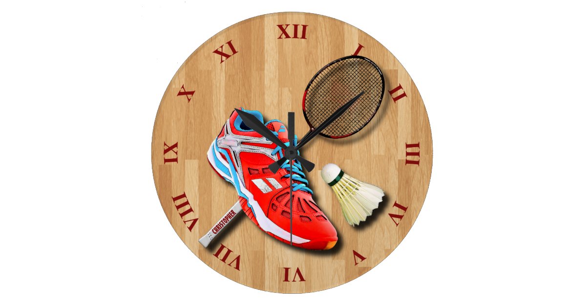 Badminton Shoe Racket Shuttlecock With Your Name Large Clock | Zazzle.com