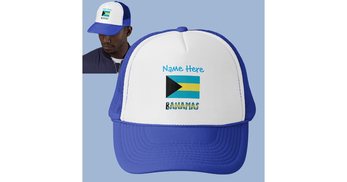 Bahamas and Bahamian Flag Blue Personalization Trucker Hat | Zazzle
