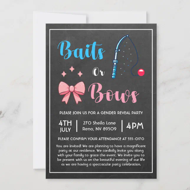 Baits or Bows Fishing Gender Reveal Invitation | Zazzle