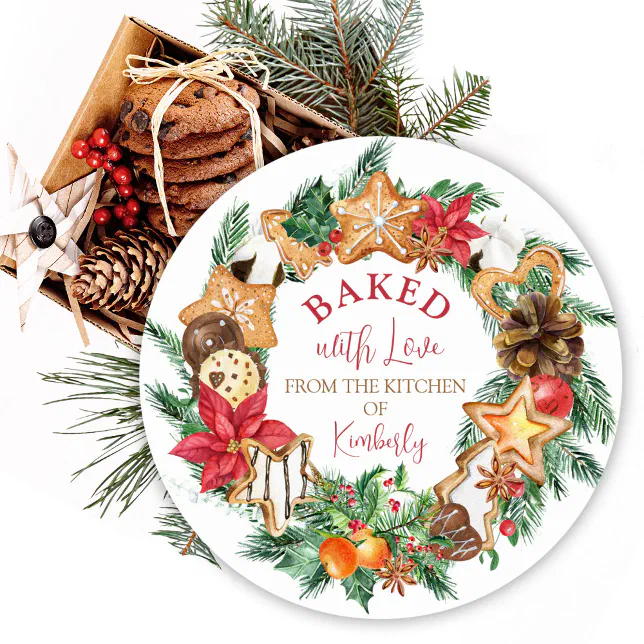 Baked with love Gingerbread wreath Christmas Classic Round Sticker | Zazzle