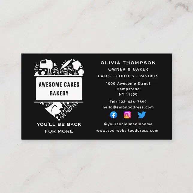 Baker Bakery Cakes Cookies Pastry Chef Black White Business Card | Zazzle