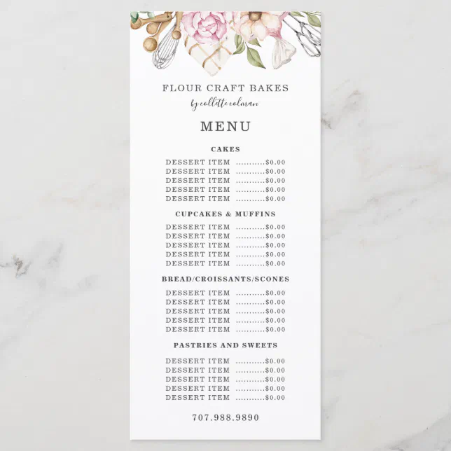 Baker Bakery Watercolor Bakers Tools Utensils Menu | Zazzle