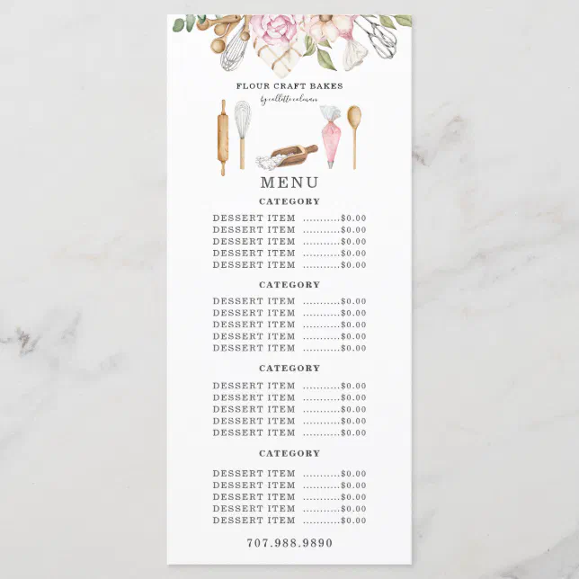 Baker Bakery Watercolor Bakers Tools Utensils Menu | Zazzle