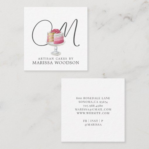 Baker Pastry Chef Pink Elegant Cake Monogrammed Square Business Card ...