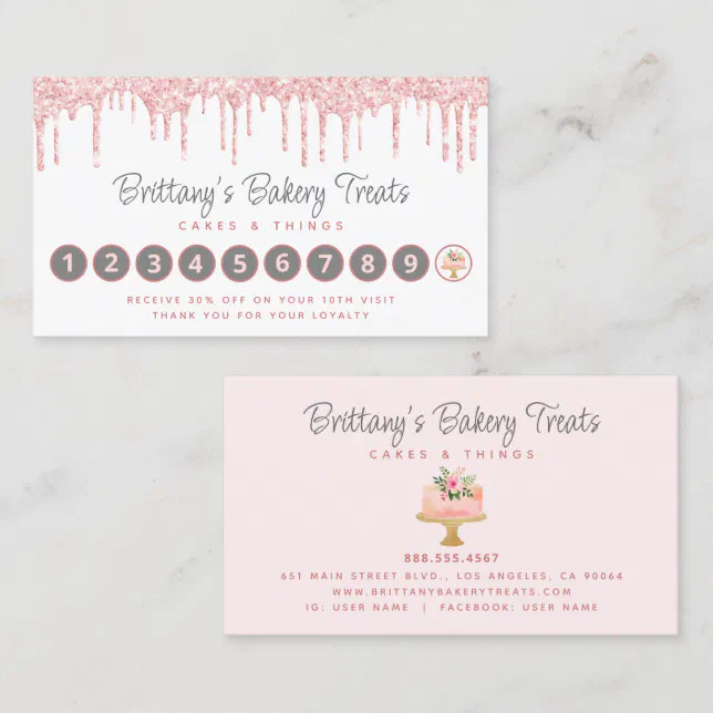 Bakery Blush Pink Cake Glitter Drips Pastry Chef Loyalty Card | Zazzle