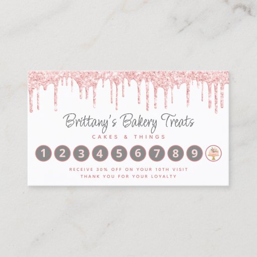 Bakery Blush Pink Cake Glitter Drips Pastry Chef Loyalty Card | Zazzle