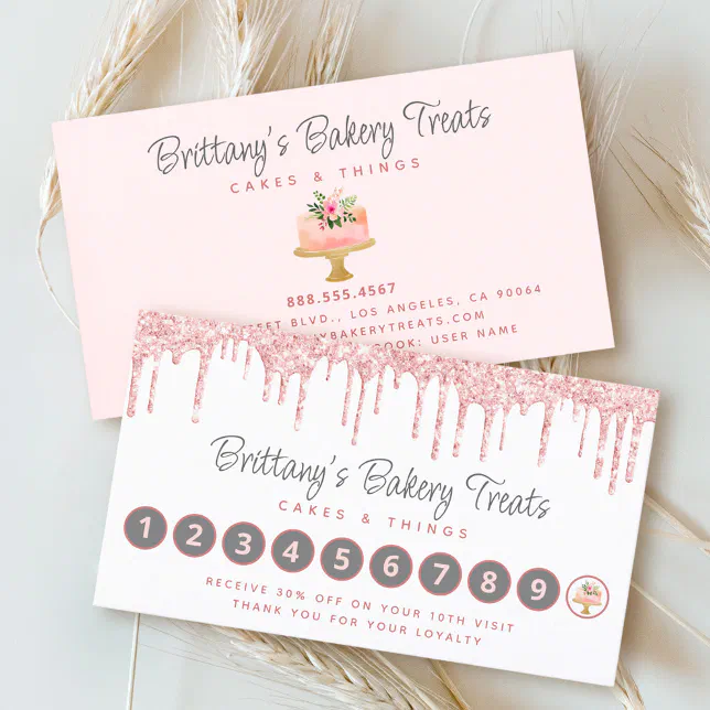 Bakery Blush Pink Cake Glitter Drips Pastry Chef Loyalty Card | Zazzle
