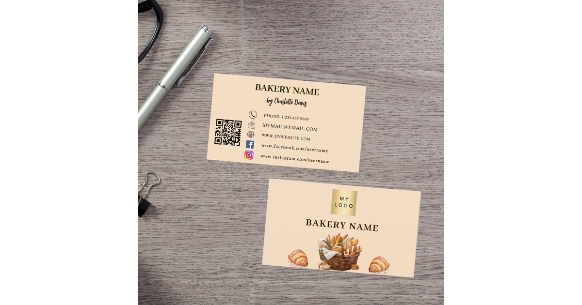 Bakery bread pastry peach QR code logo Business Card | Zazzle