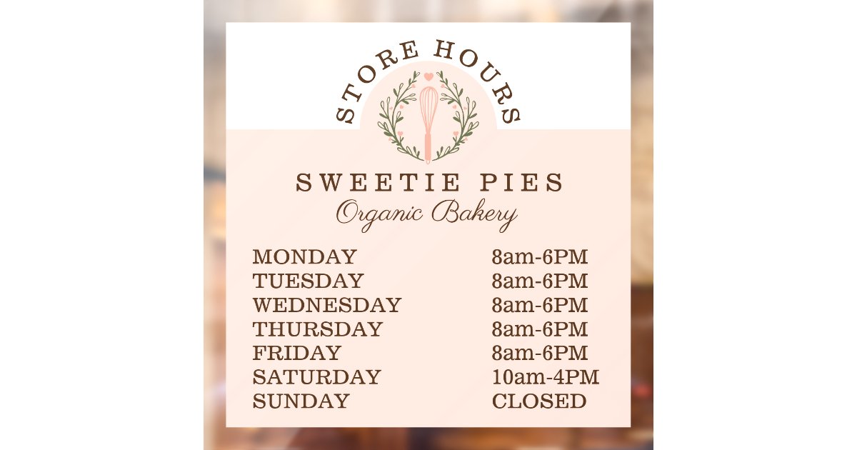 Bakery Business Whisk & Wreath Logo Store Hours Window Cling | Zazzle