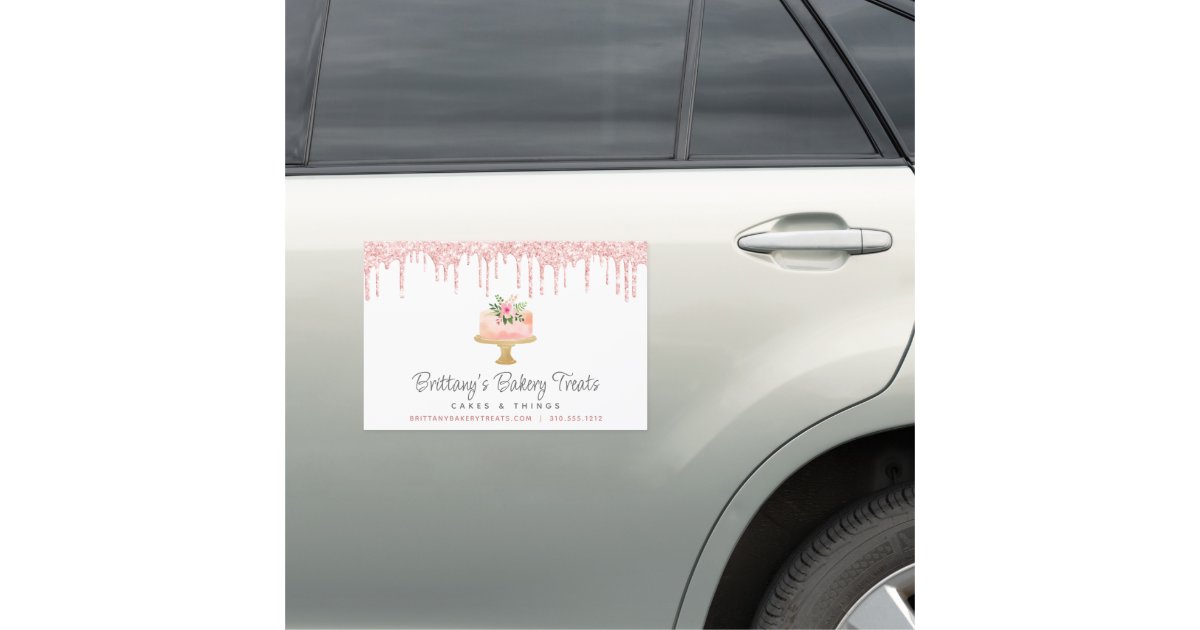 Bakery Cake Blush Pink Glitter Drips Pastry Chef Car Magnet | Zazzle