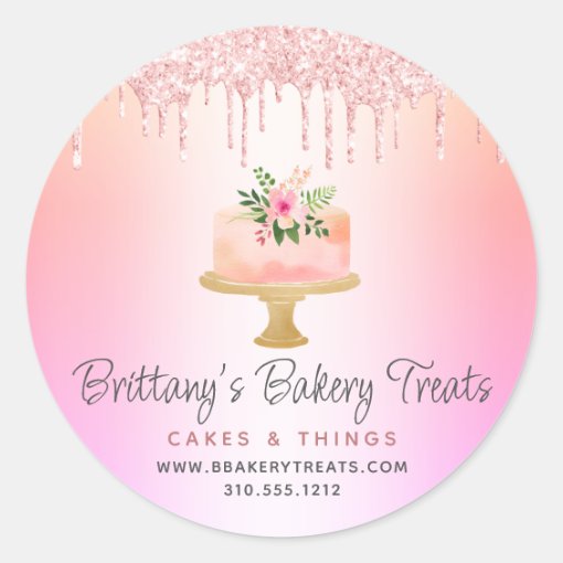 Bakery Cake Blush Pink Glitter Drips Rainbow Ombre Classic Round ...