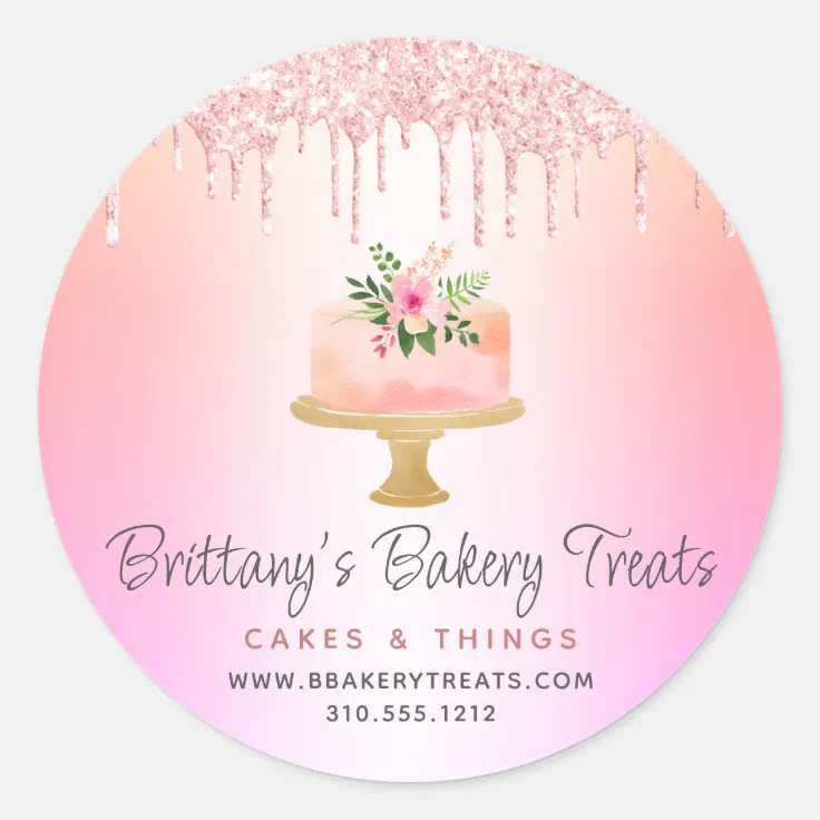 Bakery Cake Blush Pink Glitter Drips Rainbow Ombre Classic Round ...