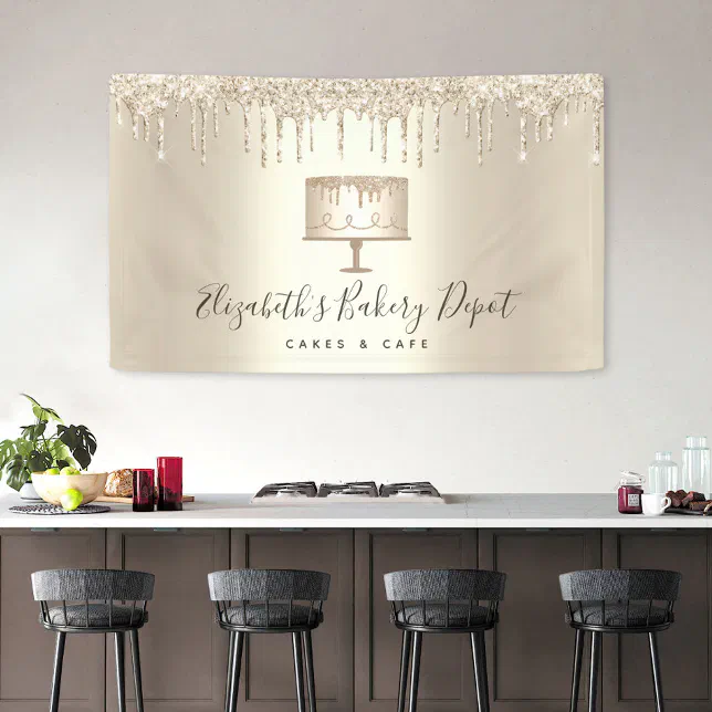 Bakery Cake Gold Glitter Drips Script Pastry Chef Banner | Zazzle