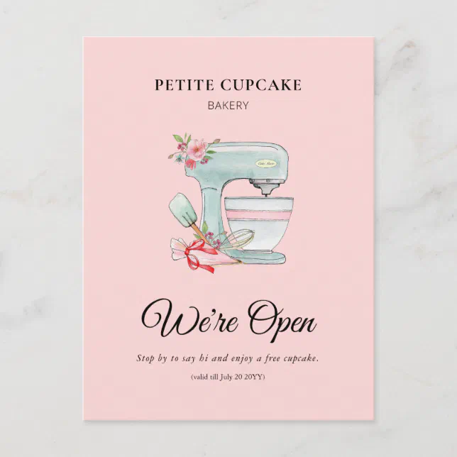 Bakery Cake mixer We're open promotional Postcard | Zazzle