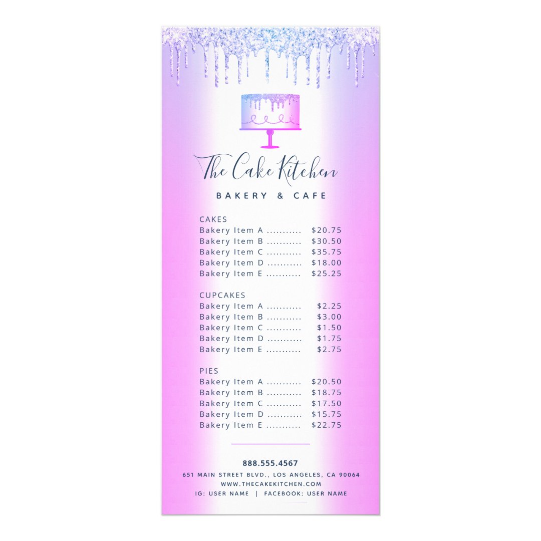 Bakery Cake Purple Glitter Drips Pastry Chef Menu | Zazzle