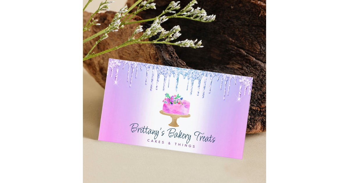 Bakery Cake Purple Glitter Drips Pastry Dessert Business Card | Zazzle