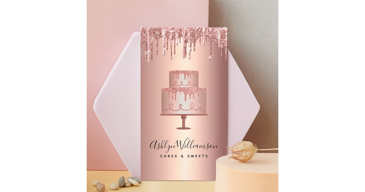 Bakery Cake Rose Gold Copper Glitter Drips Pastry Business Card | Zazzle