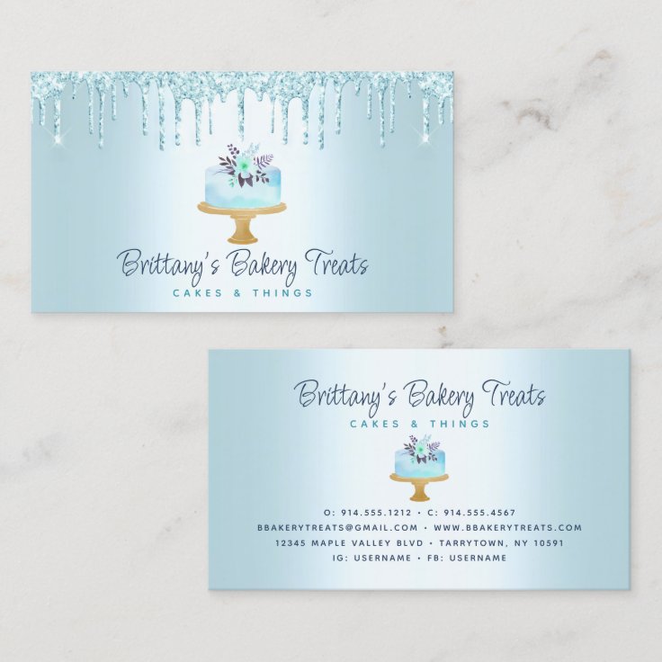 Bakery Cake Turquoise Pastry Glitter Drips Dessert Business Card | Zazzle