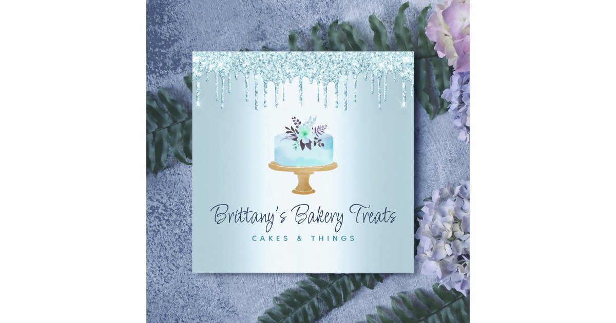 Bakery Cake Turquoise Pastry Glitter Drips Dessert Square Business Card ...
