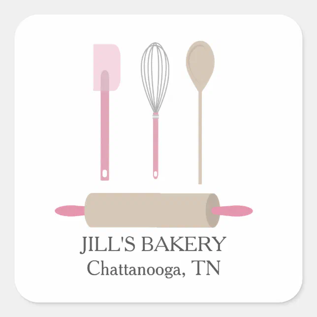 Bakery Chef Pink Kitchen Tools Food Business Square Sticker | Zazzle